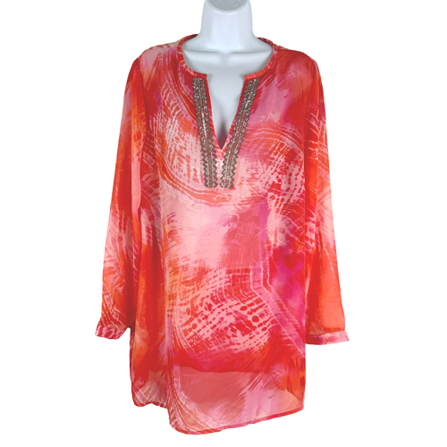 Chico's Beaded Tie Dye Tunic Top Size 3 Embellished Sheer V-Neck TP ...