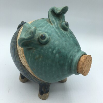 vtg Folk art pottery figural pig coin bank cork nose snout Green Blue ...