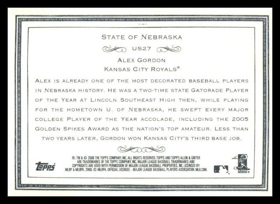 2008 Topps Allen & Ginter Alex Gordon #US27 United States Nebraska ...