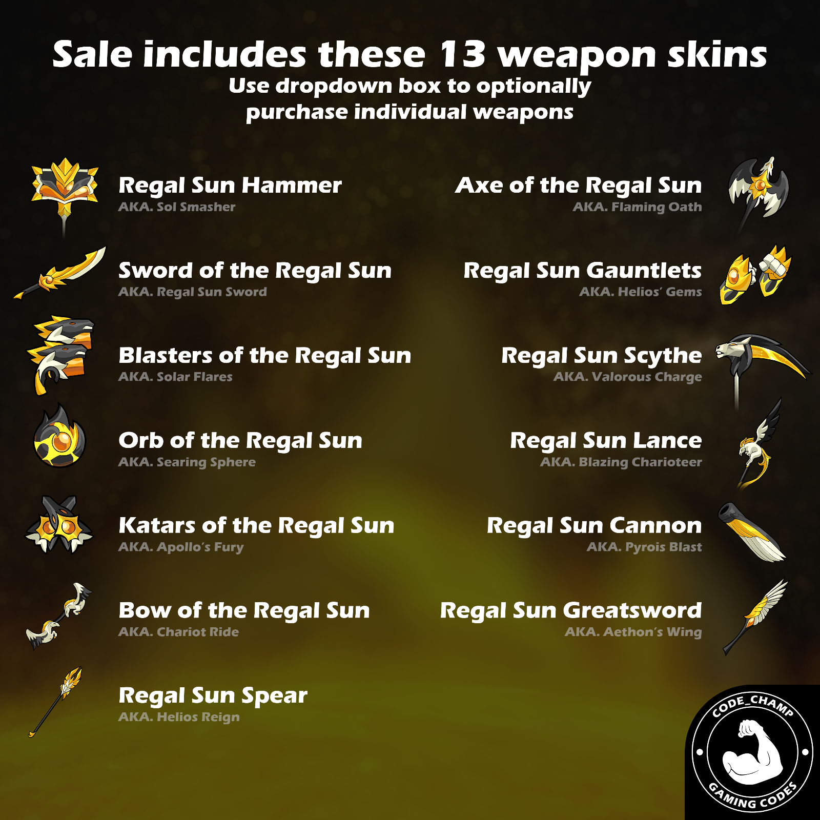 Brawlhalla Regal Sun Collection - 13 Weapon Skins | eBay