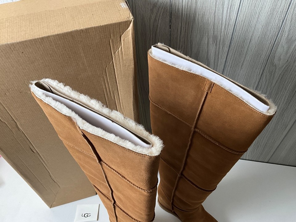 UGG CLASSIC FEMME OVER THE KNEE OTK CHESTNUT SUEDE FUR WEDGE TALL BOOTS ...