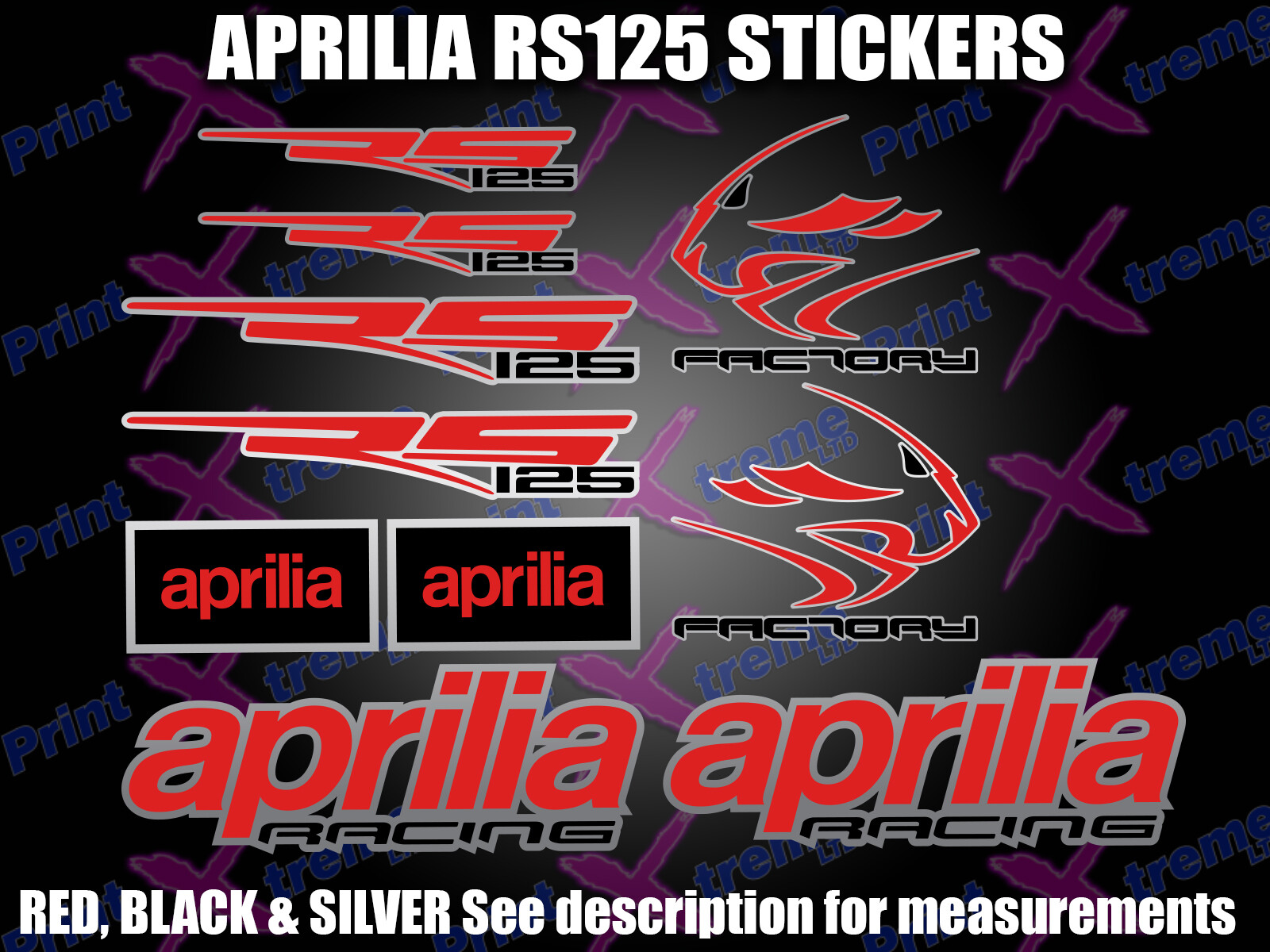 Aprilia RS125 Red, Black & Silver sticker decal kit set Factory Racing ...