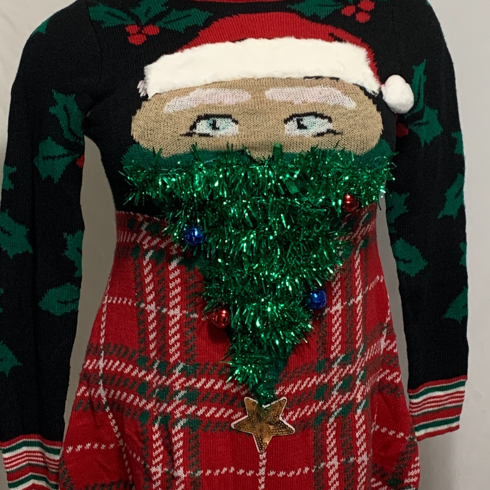 Ugly Christmas Dress Santa Tinsel Tree Beard Plaid Long Sleeve Junior ...