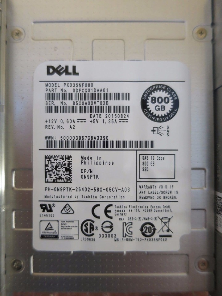 Dell 800GB SAS 12G 2.5" RI eMLC SSD PX03SNF080 N9PTK + 14th/15th/16th ...