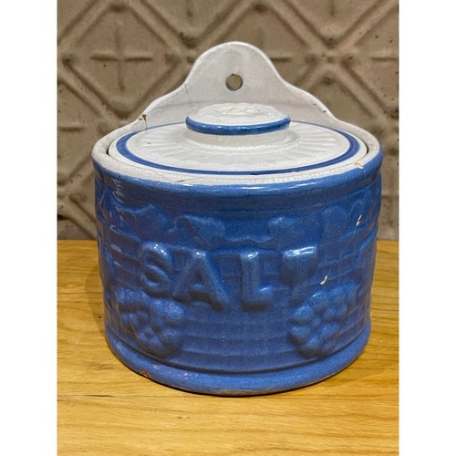 Vintage Blue Stoneware lidded kitchen salt cellar container | eBay