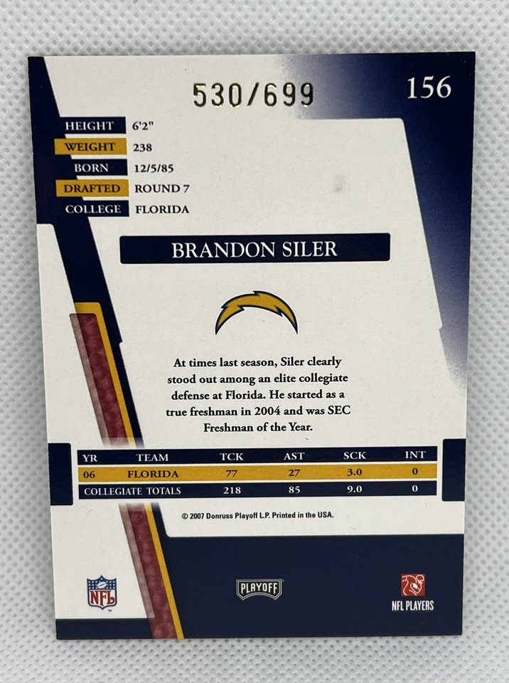 2007 Playoff Absolute Memorabilia Rookie /699 Brandon Siler #156 Rookie ...