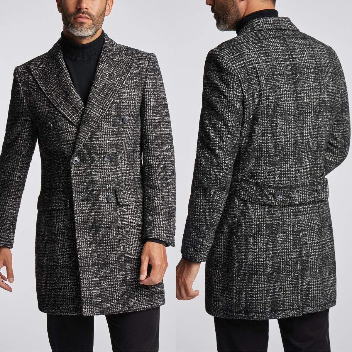 Wool Blend Men's Overcoat Striped Grid Peak Lapel Winter Formal ...