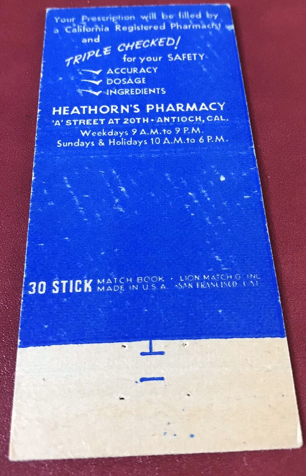 Matchbook Cover Heathorn’s Prescriptions Antioch California | eBay