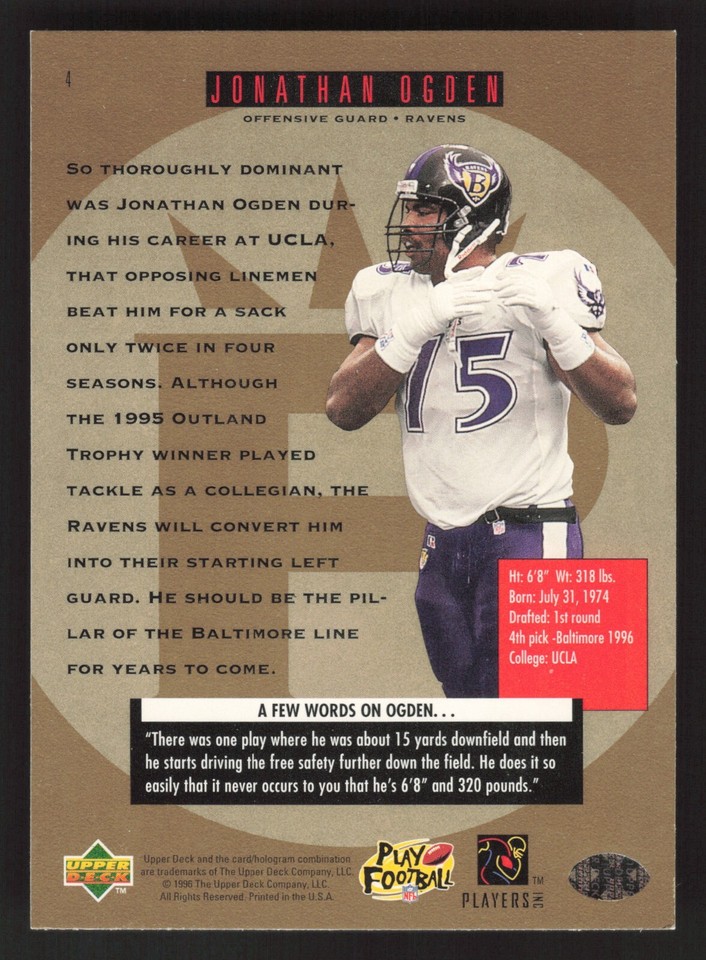 1996 SP Jonathan Ogden Rookie #4 - Baltimore Ravens - HOF RC | eBay