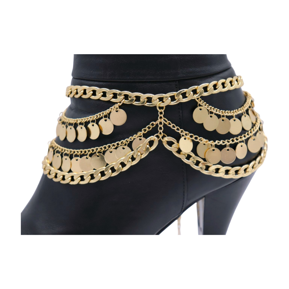 Women Gold Metal Boot Chain Bracelet Shoe Anklet Wave Circle Charms ...