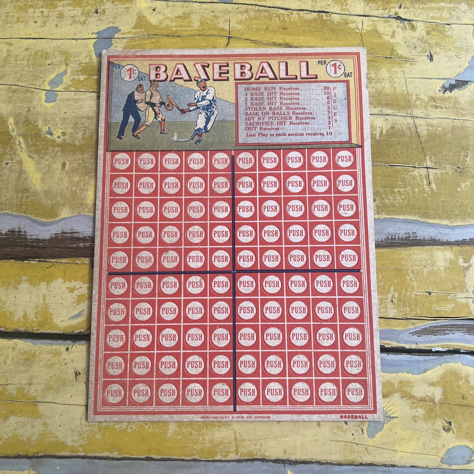 Vintage Baseball Acme Brand Novelty Punch Board Game Size Approx. 7.5 x ...