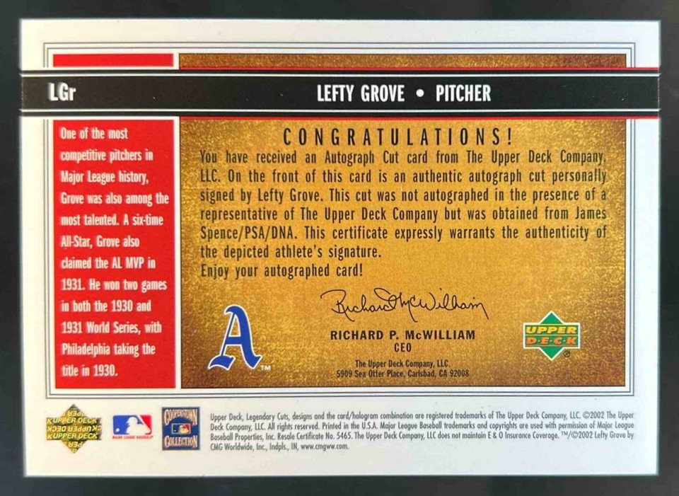 2002 SP Legendary Cuts Lefty Grove Cut Signature Autograph Auto #/194 ...