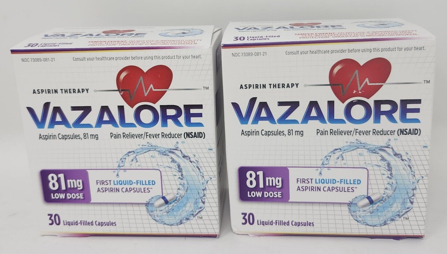 (2) Vazalore Aspirin Capsules 81 mg Low Dose Liquid Filled 30 Count 1/ ...