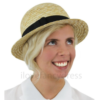 ROUND TOP STRAW BOATER HAT LADIES SUMMER FANCY DRESS EASTER BONNET ...