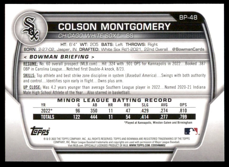 Colson Montgomery 2023 Bowman Prospects Rookie Card #BP-48 Chicago White Sox | eBay