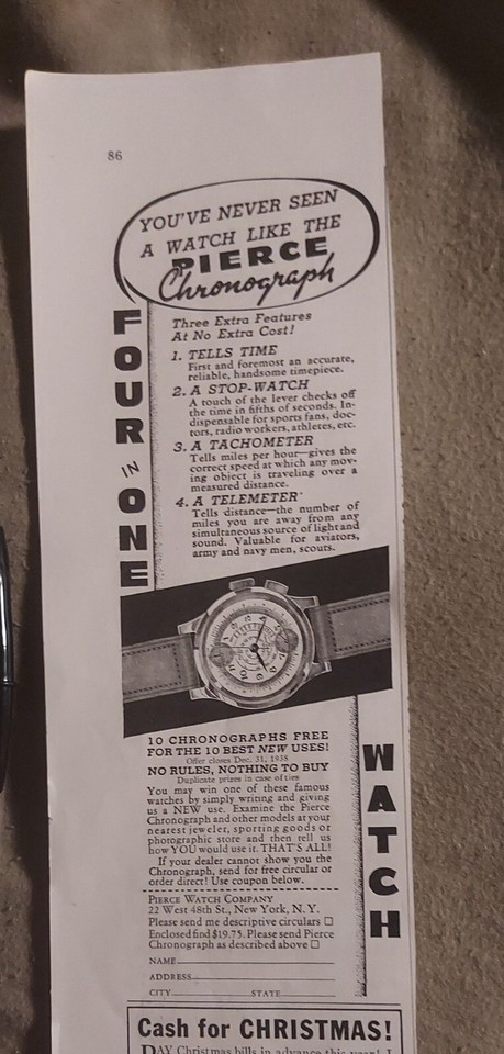 1938 print ad-Pierce Chronograph Four-in-One Watch: Time-Stop Watch ...