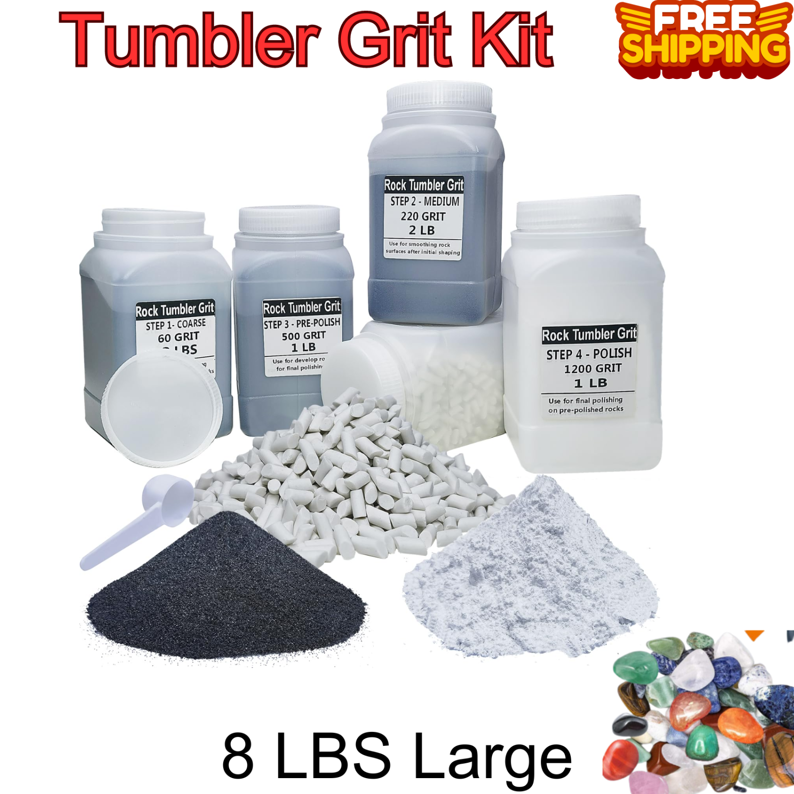 8 LBS Large Weight Rock Tumbler Grit Kit & Ceramic Tumbling Filler ...
