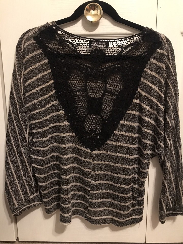 Long Sleeve Grey, Black & Cream Striped Crochet/Lace Back Knit Top Size ...