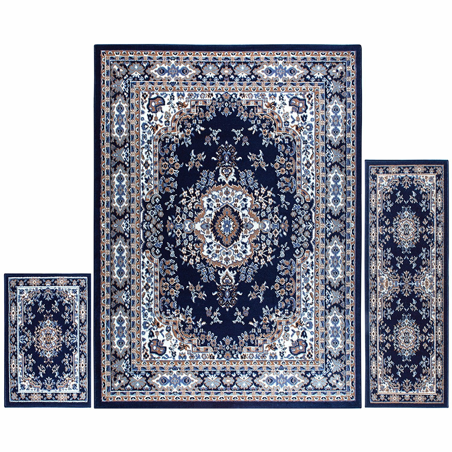 Navy Blue Beige 3 pc Area Rug Set Accent Mat Border Carpet Runner 5 x 7 ...