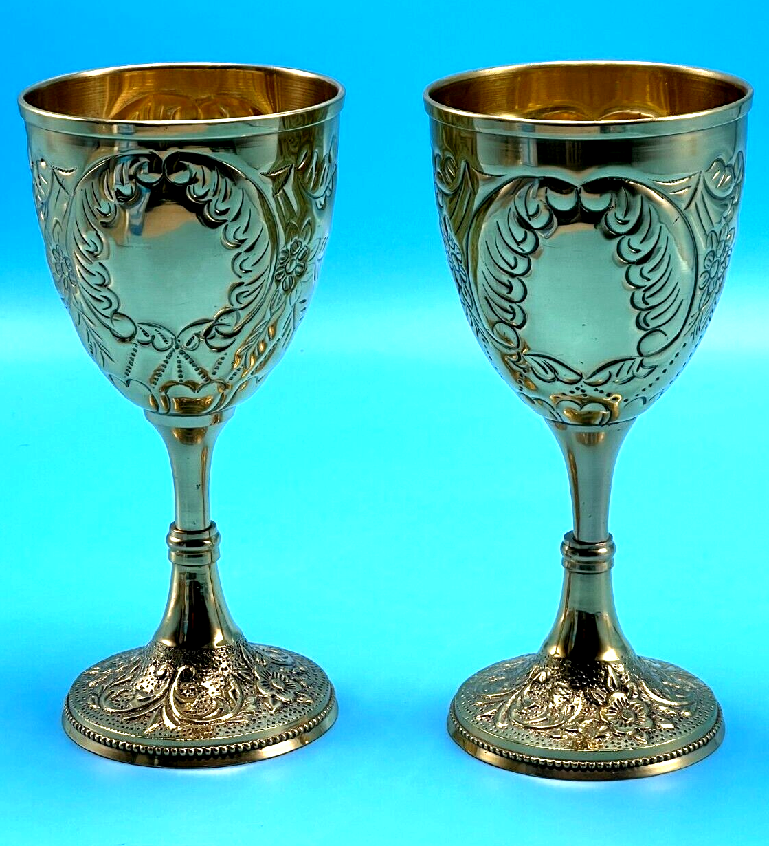 Set of 2: 8oz Embossed Brass Renaissance Medieval Knights Wine Chalice ...
