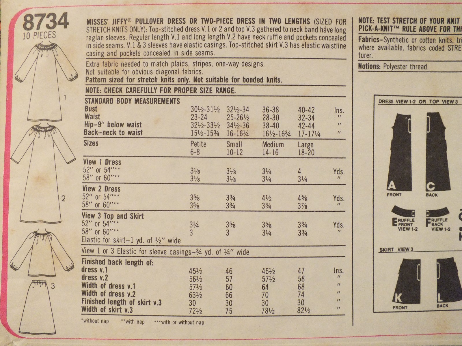 Fab VTG 78 SIMPLICITY 8734 Misses Knit 1-2 pc Dresses~2 lengths PATTERN ...