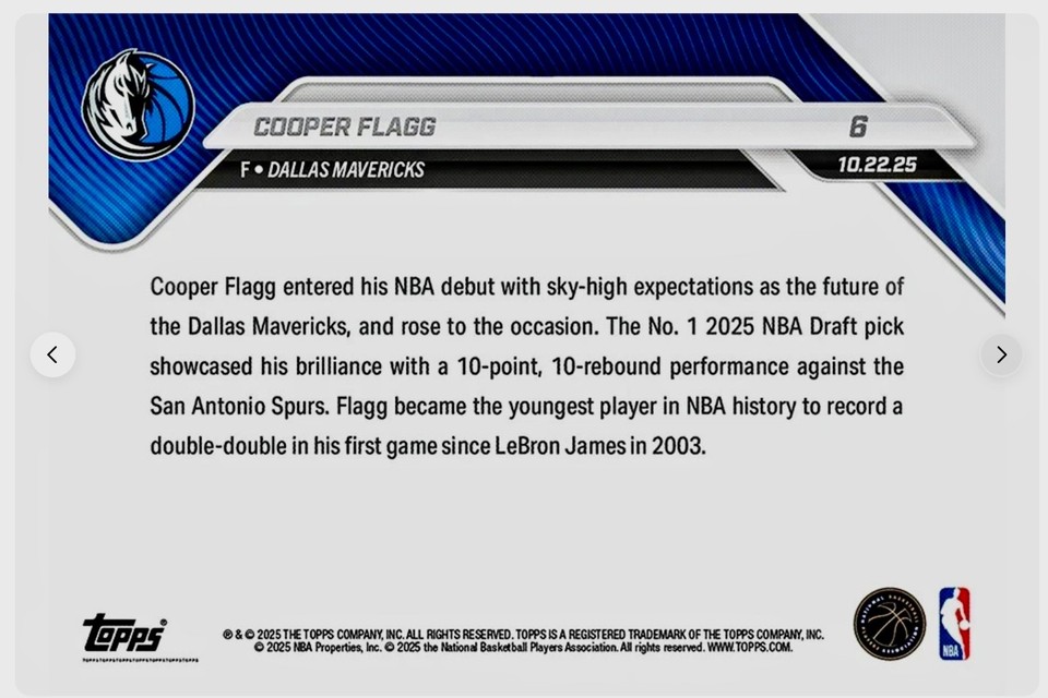 2025-26 TOPPS NOW NBA 6 COOPER FLAGG MAVERICKS RC #1 DRAFT PICK MAKES ...