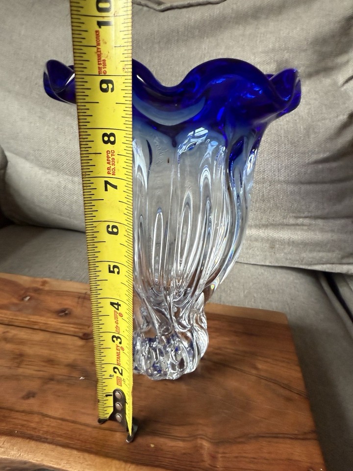 Vintage Polish Art Glass Vase Cobalt Blue Ruffled Rim 9” Hand Blown See ...