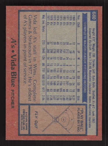 Vida Blue 1978 Topps #680 Oakland Athletics Baseball Card EX-EXMINT | eBay