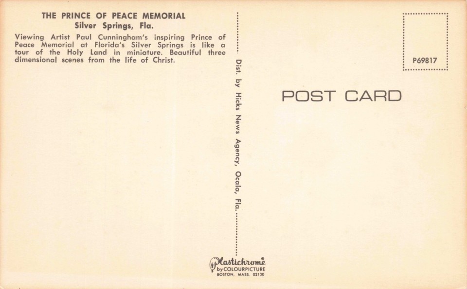 Postcard FL Ocala Silver Springs Prince of Peace Memorial Artist Paul ...