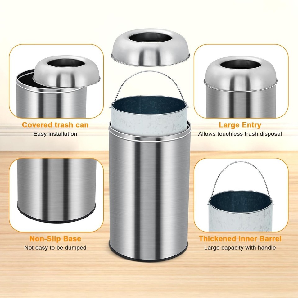 Stainless Steel Open Top Trash Can 50L/70L Commercial Indoor Outdoor ...