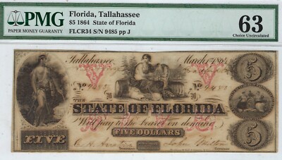 FL-26 CR-34 1864 $5.00 Florida Paper Money - PMG Choice Uncirculated 63 ...