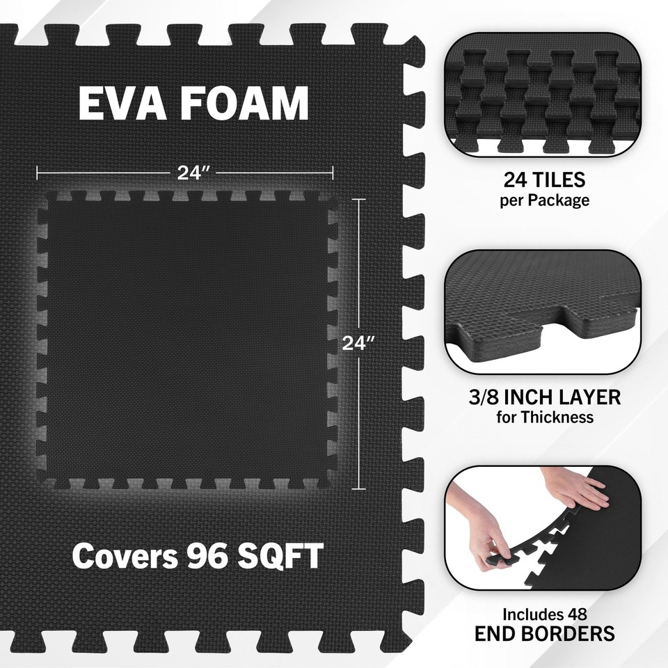 EVA Foam Mat Tiles 24-Pack - 96 SQ FT of Interlocking Padding for ...