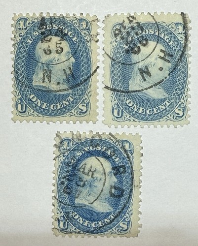 US #63 1861 1c blue Franklin Used (3) w/CDS cancels “1865-67, Concord ...