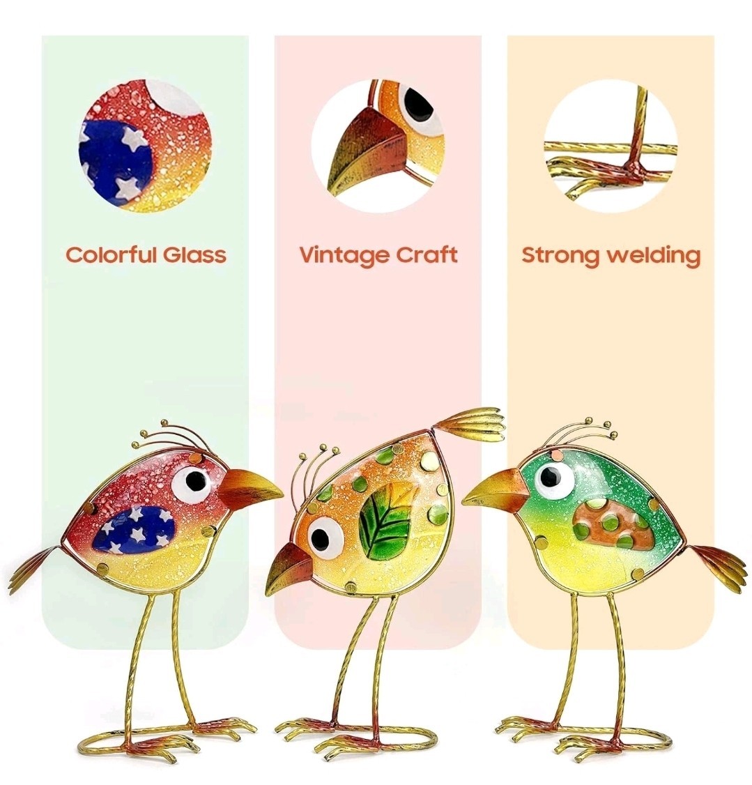 Metal & Glass Bird Decor Indoor & Outdoor Set of 3 Yard Art Decor ...