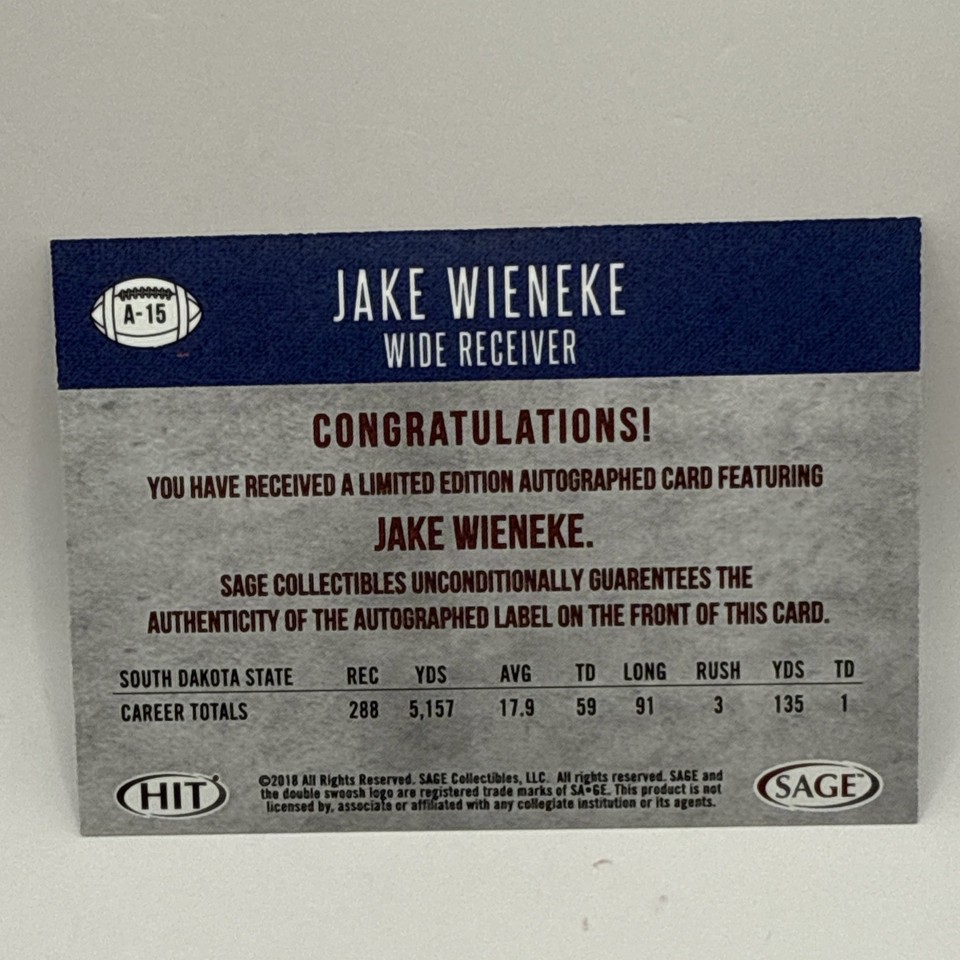 2018 Sage Hit Autographs Red Parallel Insert #A-15 JAKE WIENEKE Auto Rc ...