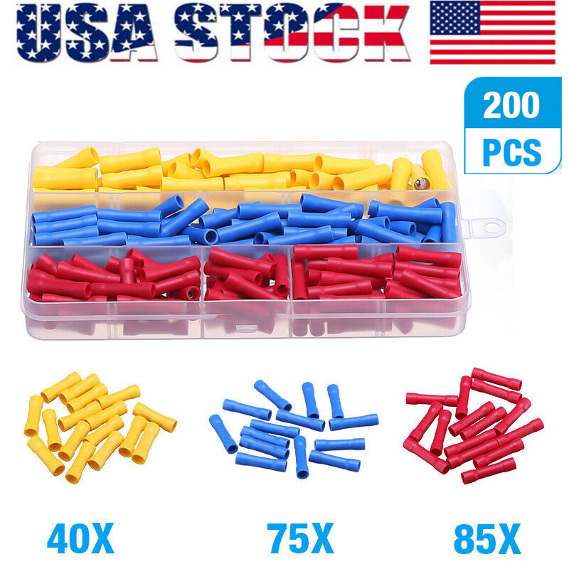 200PCS Insulated Straight Electrical Wire Connectors Butt Splice Crimp ...