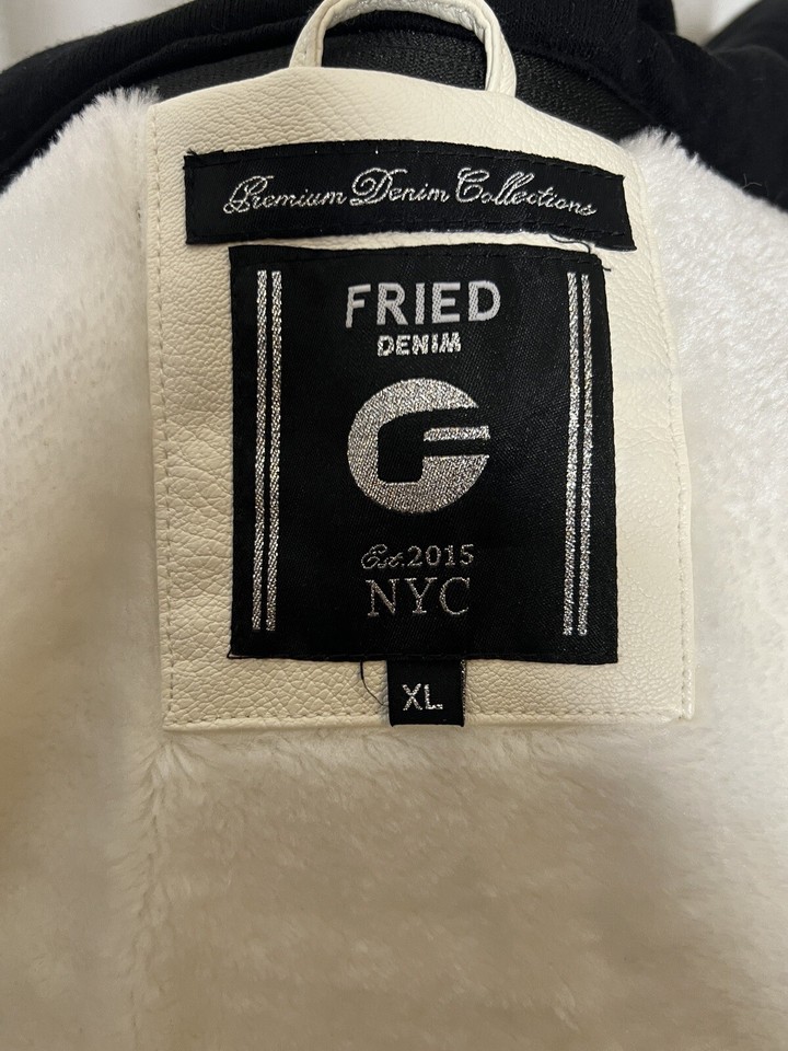 Fried Denim Faux Leather Moto Lined Hoodie Jacket XL Black & White | eBay