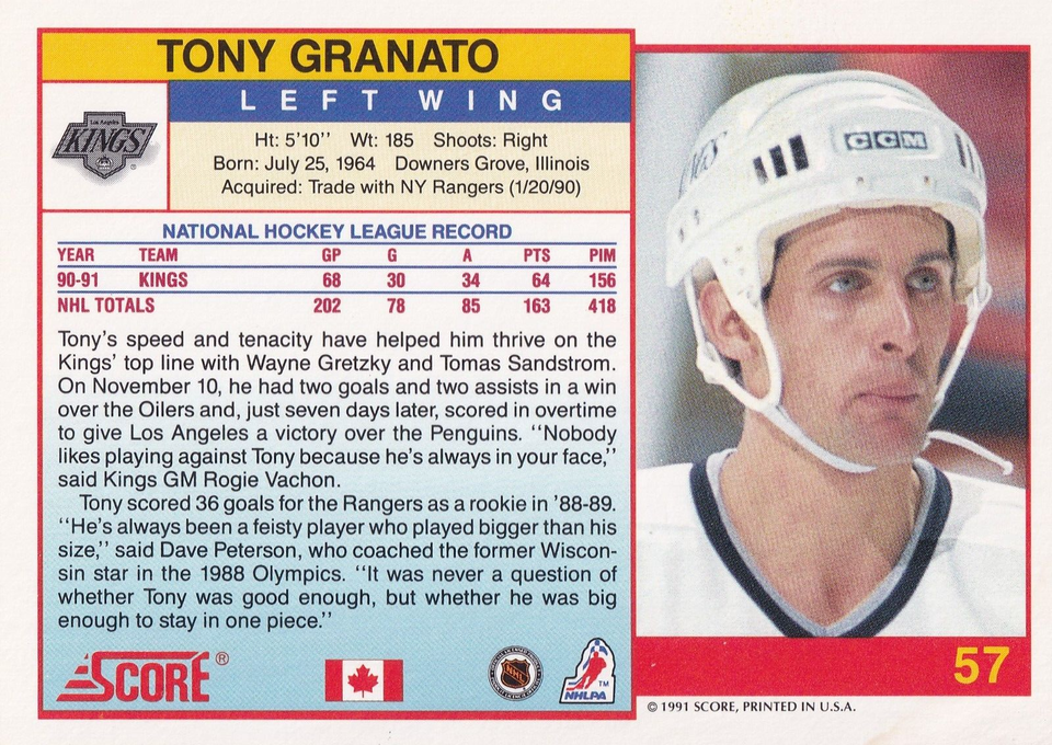 1991-92 Score #57 Tony Granato- Los Angeles Kings + (Yes 4 Free Mystery ...