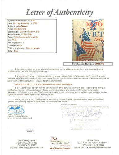 JSA LOA John Wayne Autograph 1976 John Wayne Signed John Wayne Auto ...