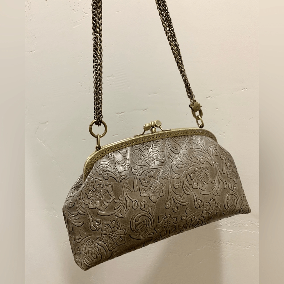 Handsewn Genuine Leather Floral Embossed Double Kiss-lock Clutch ...