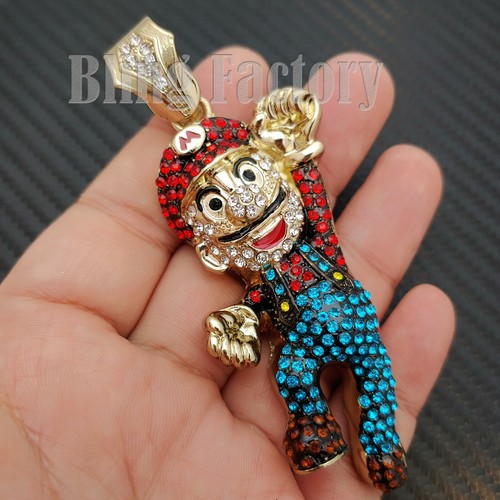 Hip Hop Super Mario Pendant & 18" Iced Cuban Box Lock Choker Chain ...