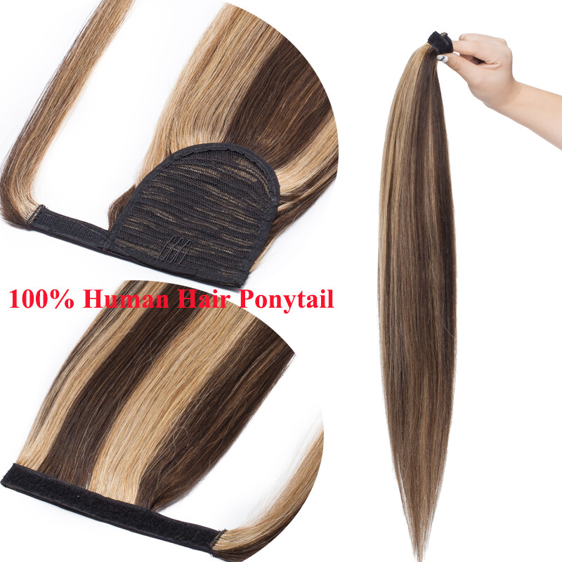 100% Real Remy Human Hair Ponytail Extensions Wrap Around Clip in ...