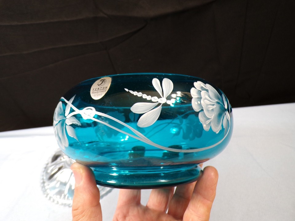 Large Fenton Painted Blue Glass Vanity Dresser Puff Box White Dragonfly ...