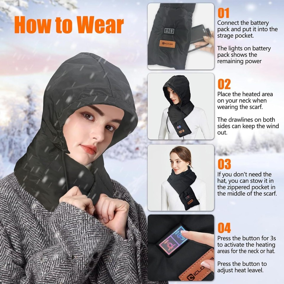 Electric Heated Scarf with Hood Rechargeable Cordless Neck Heating Pad ...