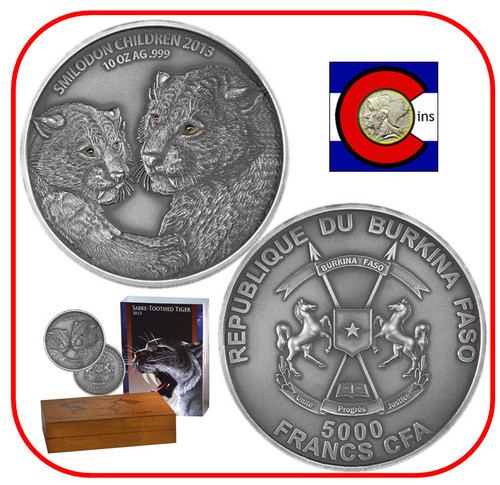 2013 Saber Toothed Tiger 10 oz Silver Coin -- Smilodon Children ...