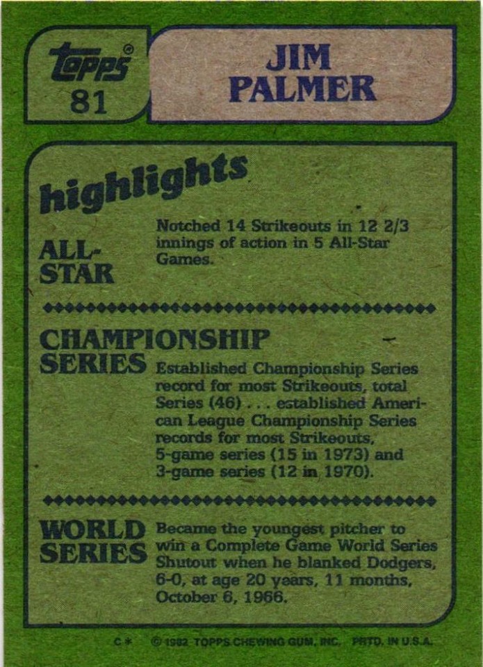 JIM PALMER 1982 Topps #81 FREE SHIPPING B13R4S16P19 | eBay