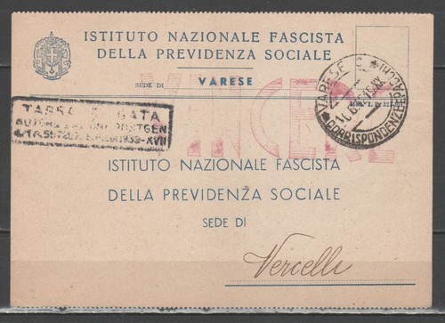 Storia postale Italia 1942 - Cartolina franchigia INPS Varese - timbro ...