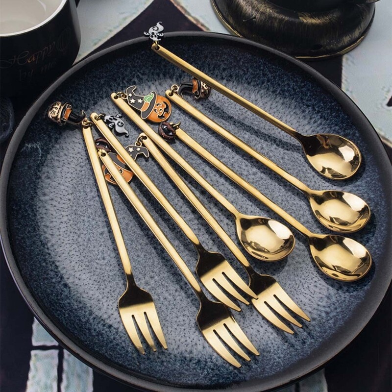 4Pcs Halloween Stainless Steel Spoon Fork with Cute Pumpkin Charm ...