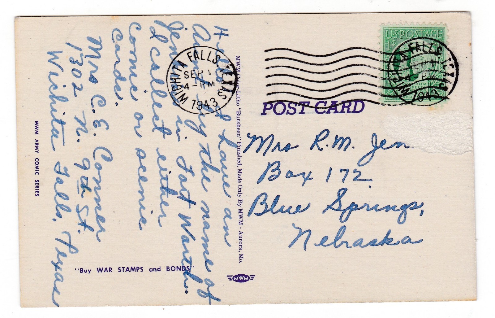 1943 WICHITA FALLS TEXAS COMIC RISQUE DREAM VINTAGE POSTCARD TX BLUE ...