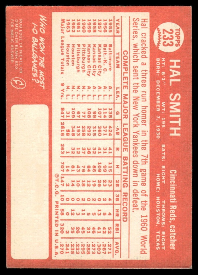 1964 Topps Hal Smith #233 Cincinnati Reds Baseball Card | eBay